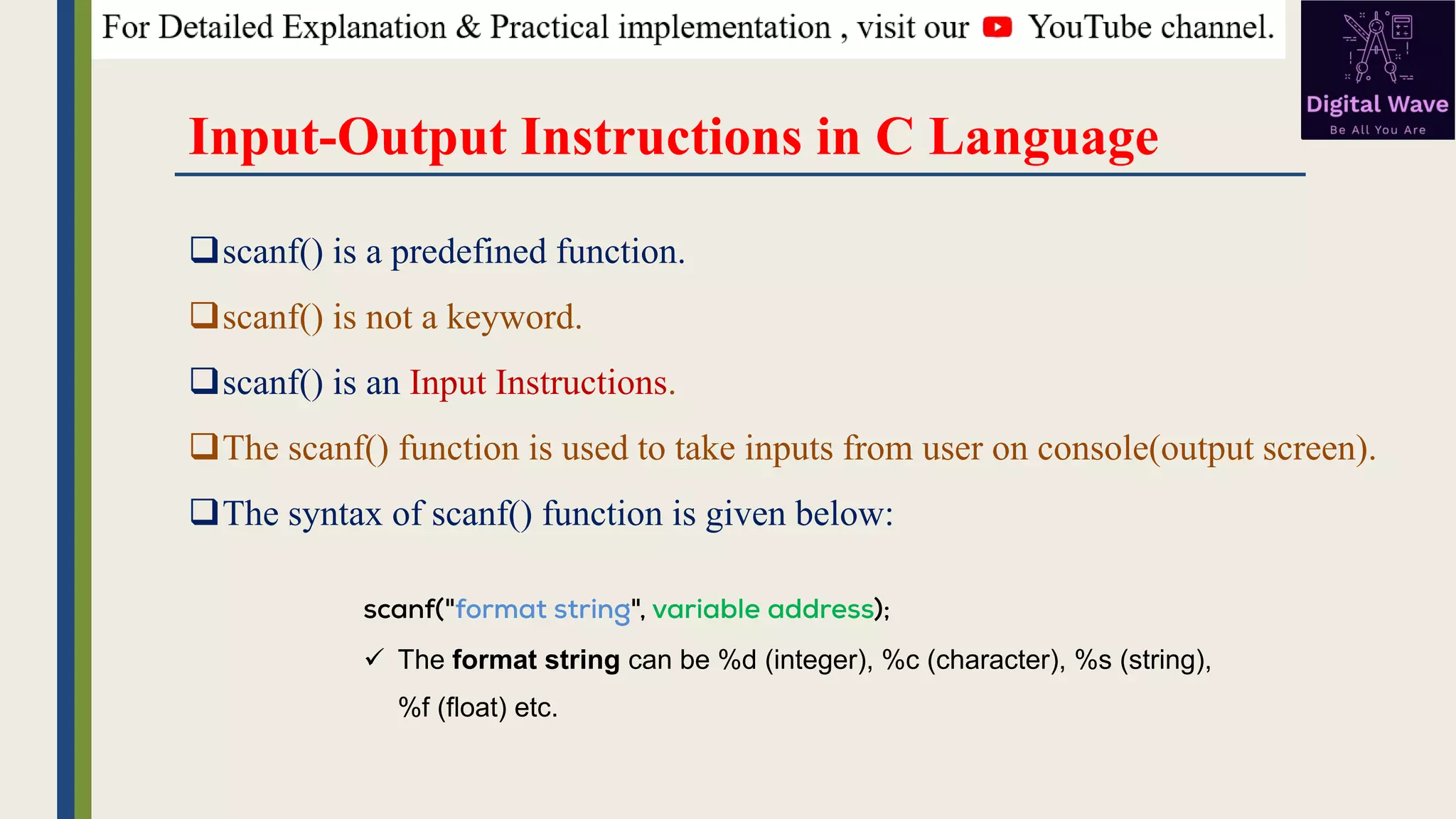 3 Input Output Instruction In C Programming By Digital Wave Ppt