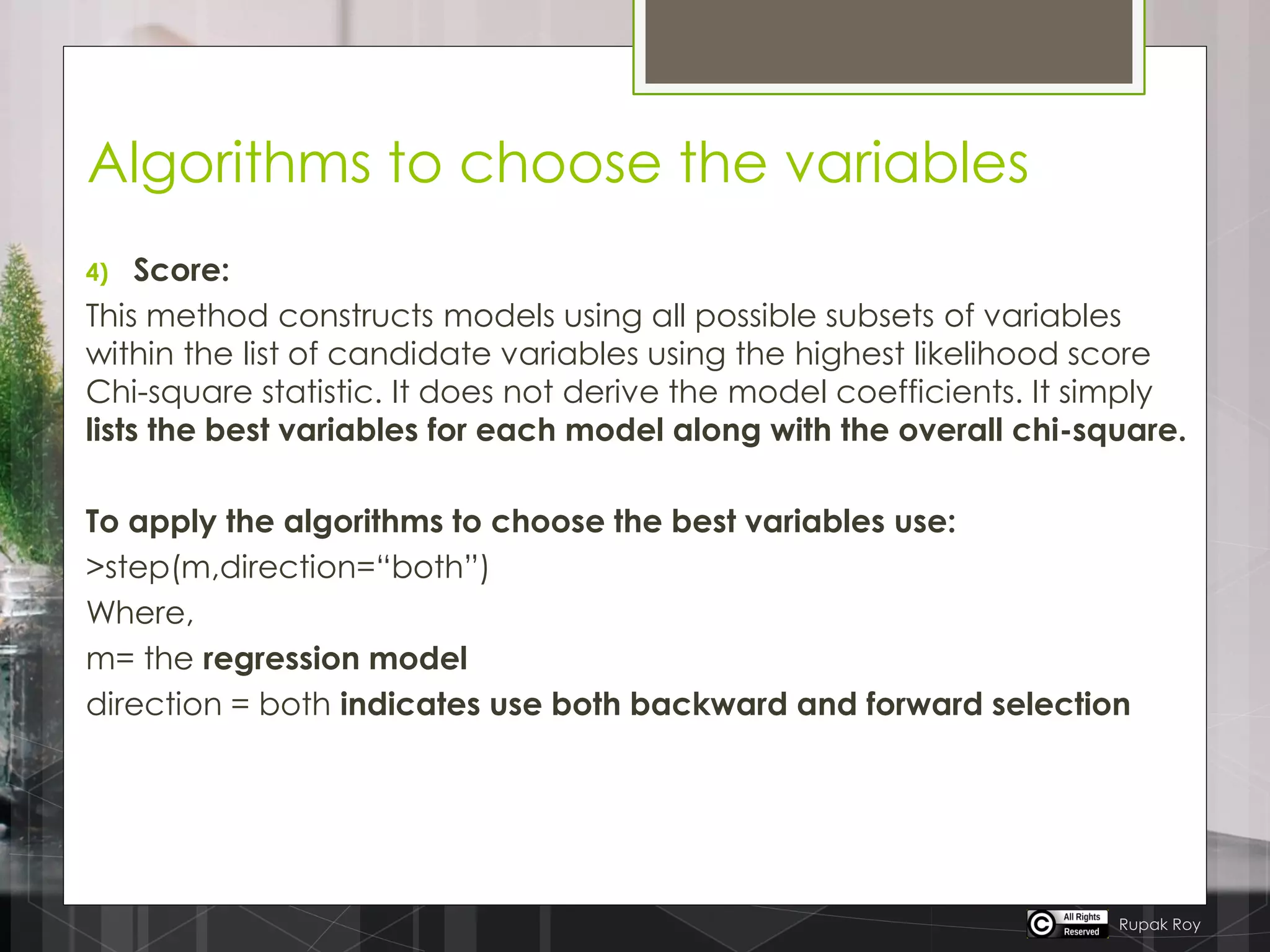 Methods for feature/variable selection in Regression Analysis | PDF