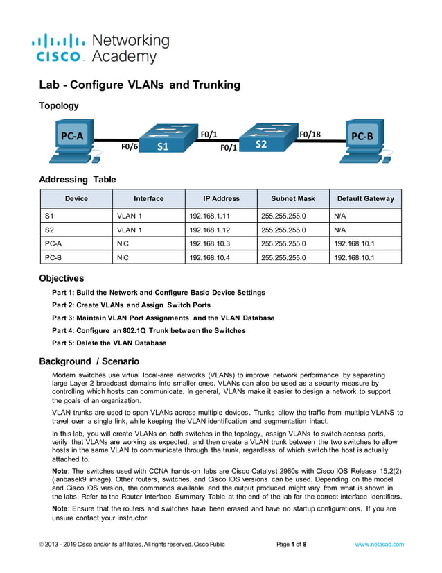 3.4.6-lab---configure-vlans-and-trunking.pdf | Computer Networking | Computing