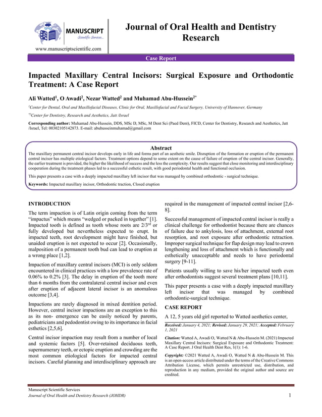 Impacted Maxillary Central Incisors: Surgical Exposure and Orthodontic ...