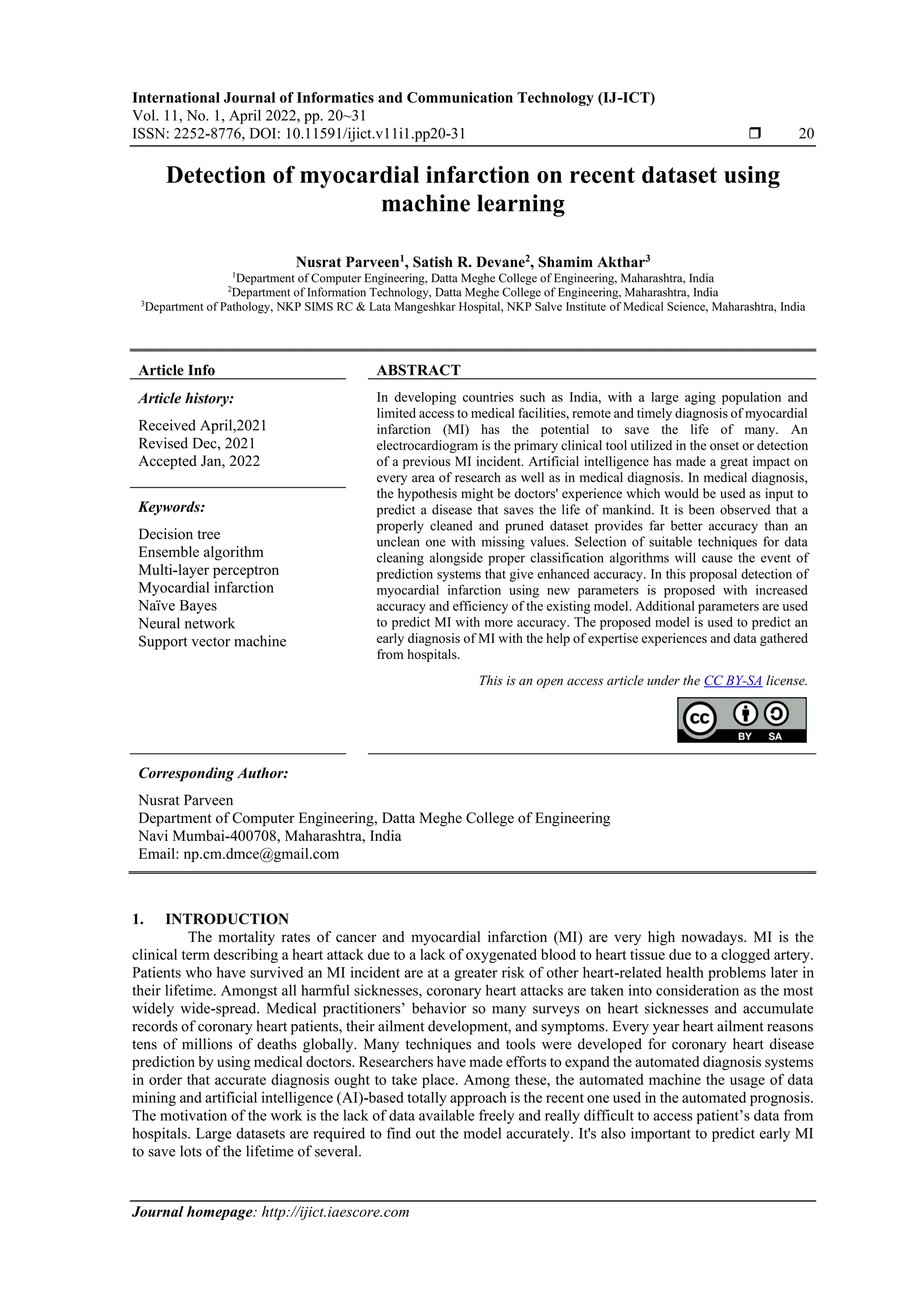 Detection Of Myocardial Infarction On Recent Dataset Using Machine