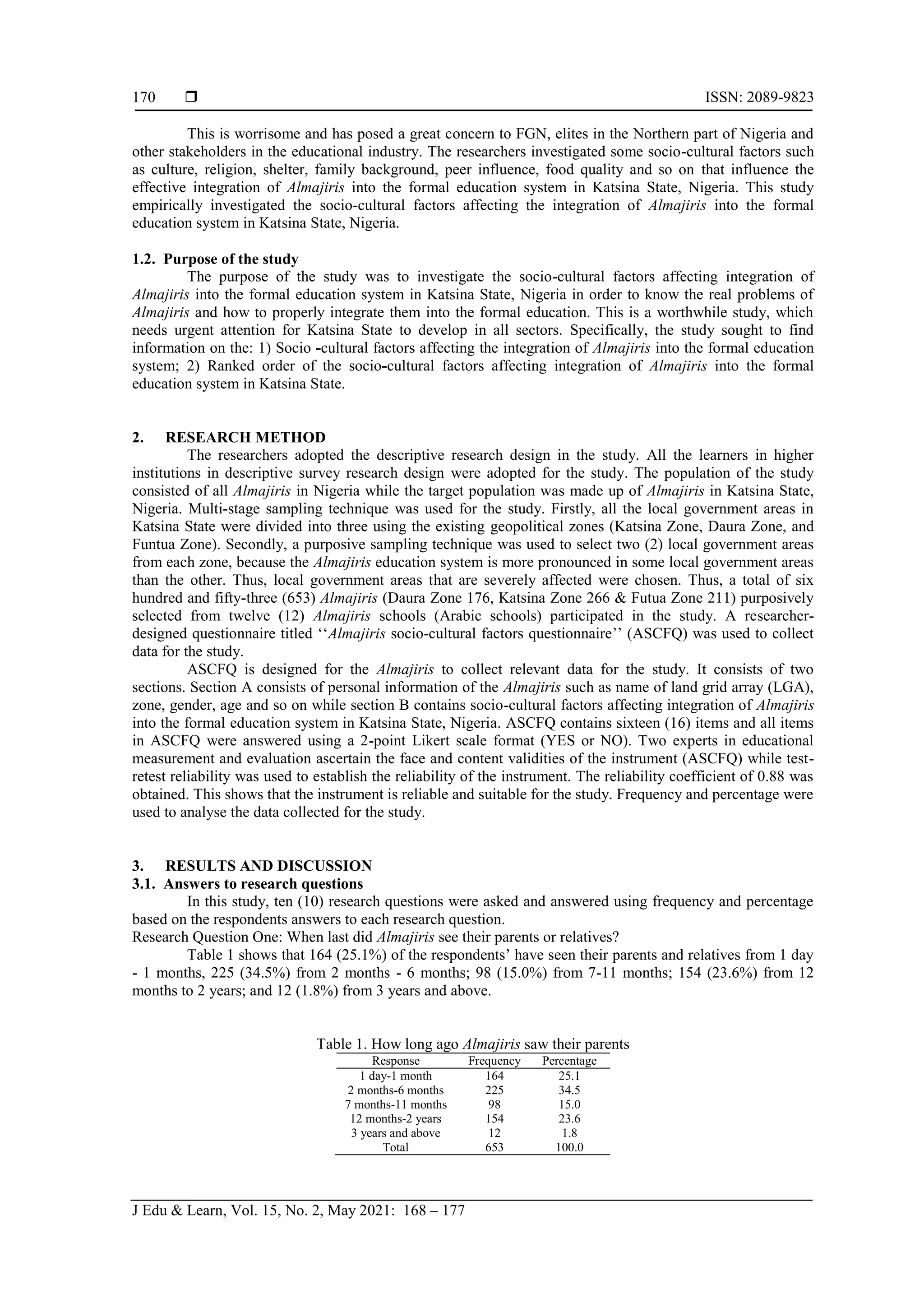 Assessing socio-cultural factors affecting integration of Almajiris into formal education system ...