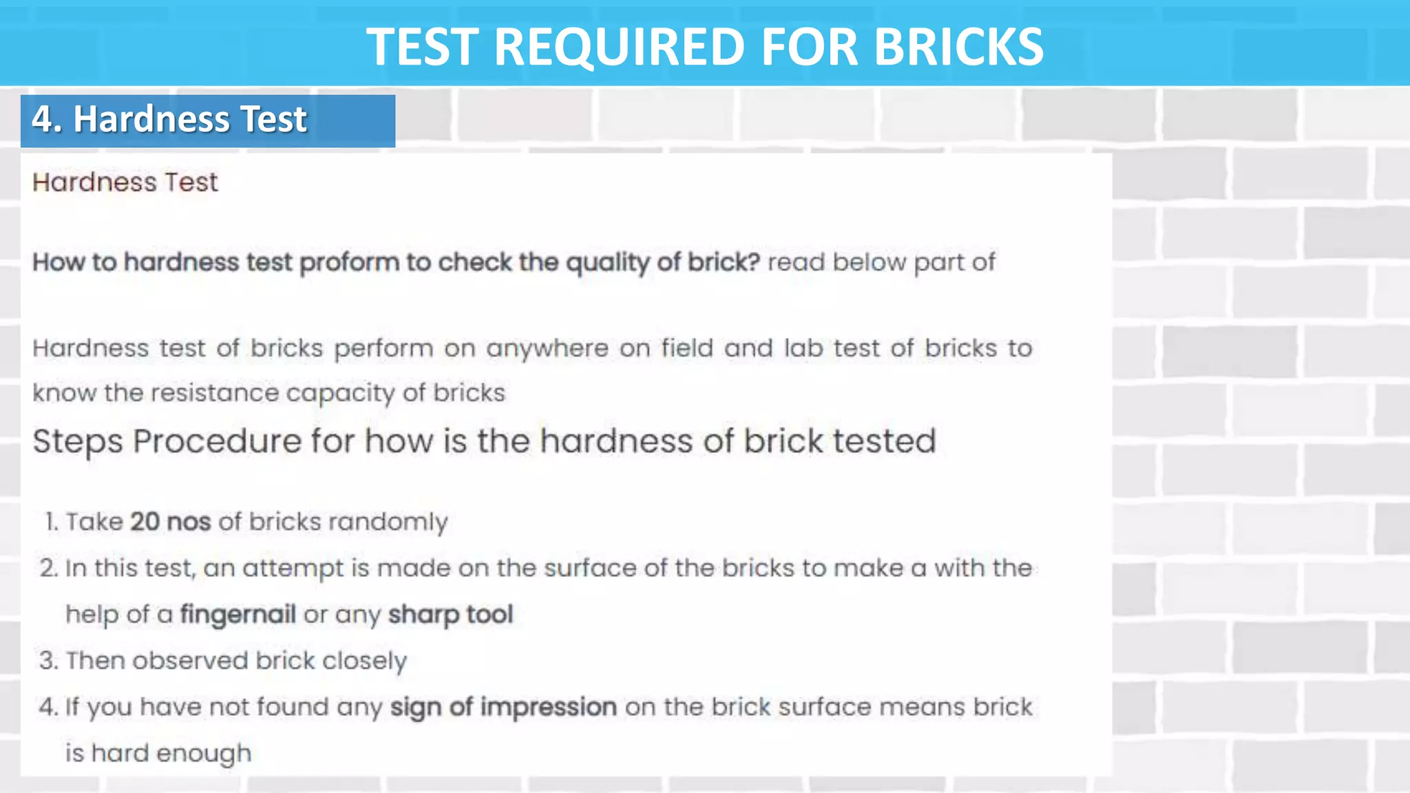 3. Standard tests of bricks blocks and characteristics of good bricks ...