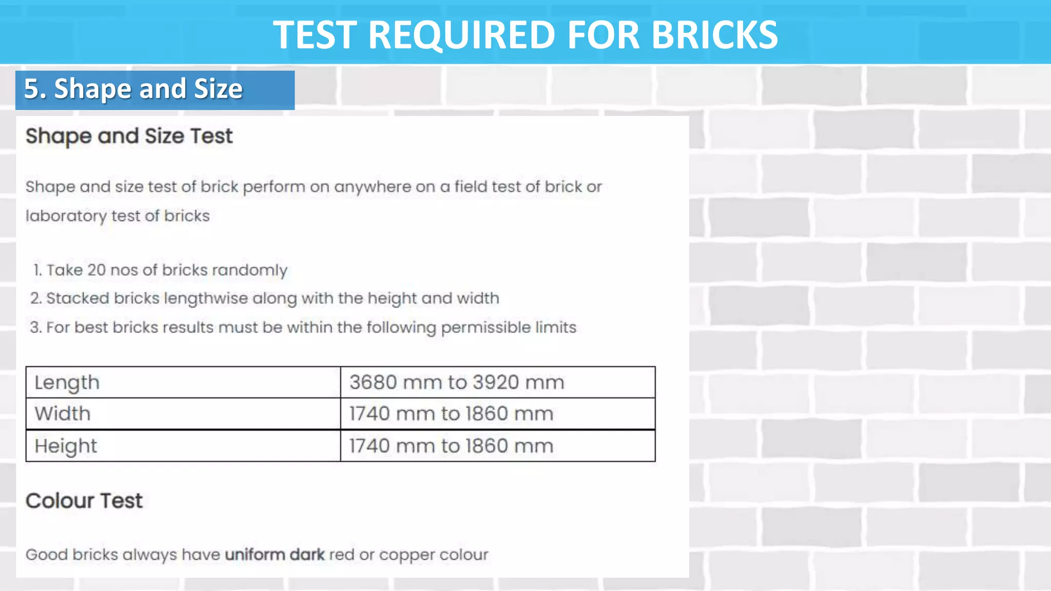 3. Standard tests of bricks blocks and characteristics of good bricks ...