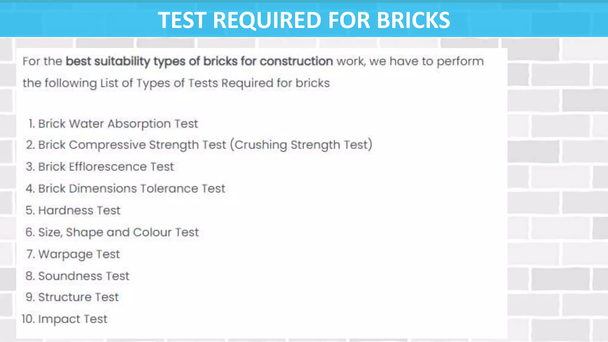 3. Standard tests of bricks blocks and characteristics of good bricks ...