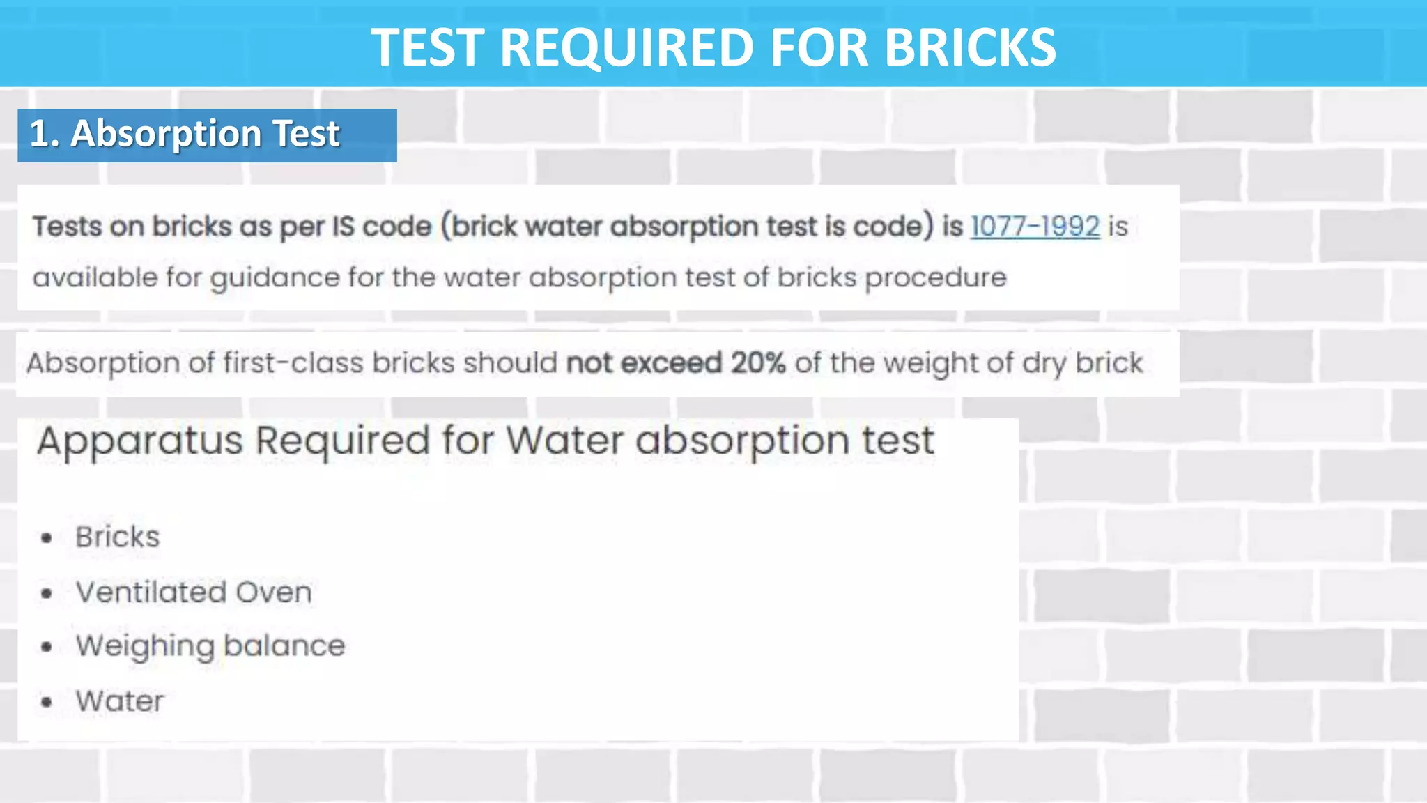 3. Standard tests of bricks blocks and characteristics of good bricks ...