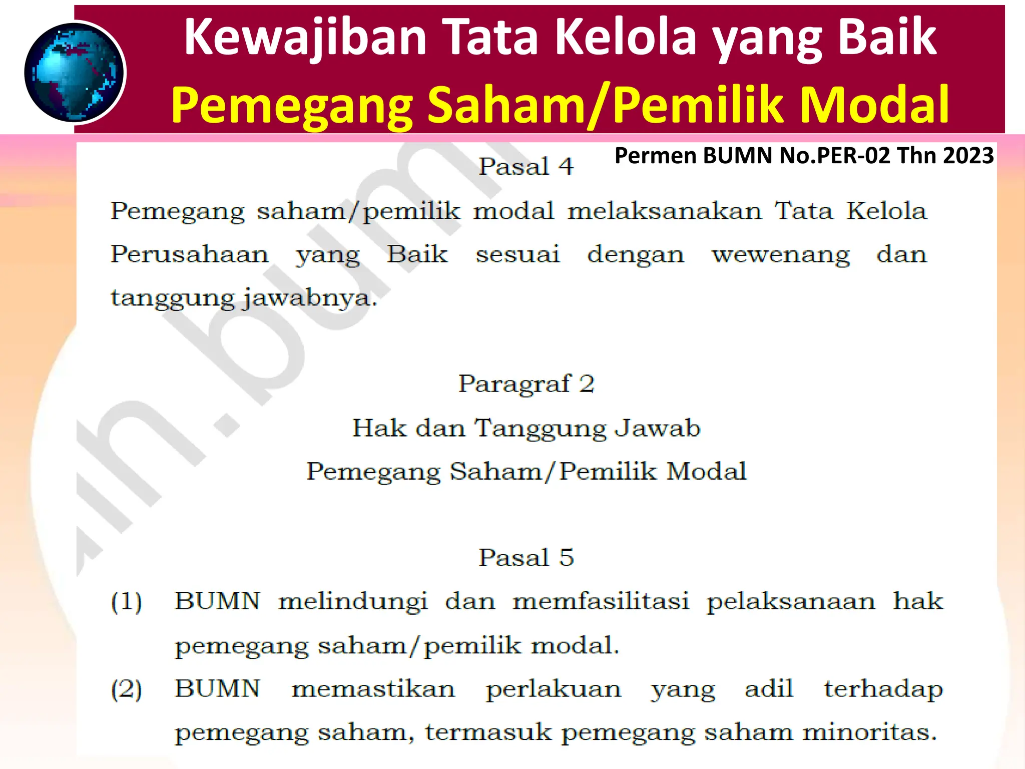 Tata Kelola bagi Pemegang Saham & Pemilik Modal di BUMN (Permen BUMN No ...