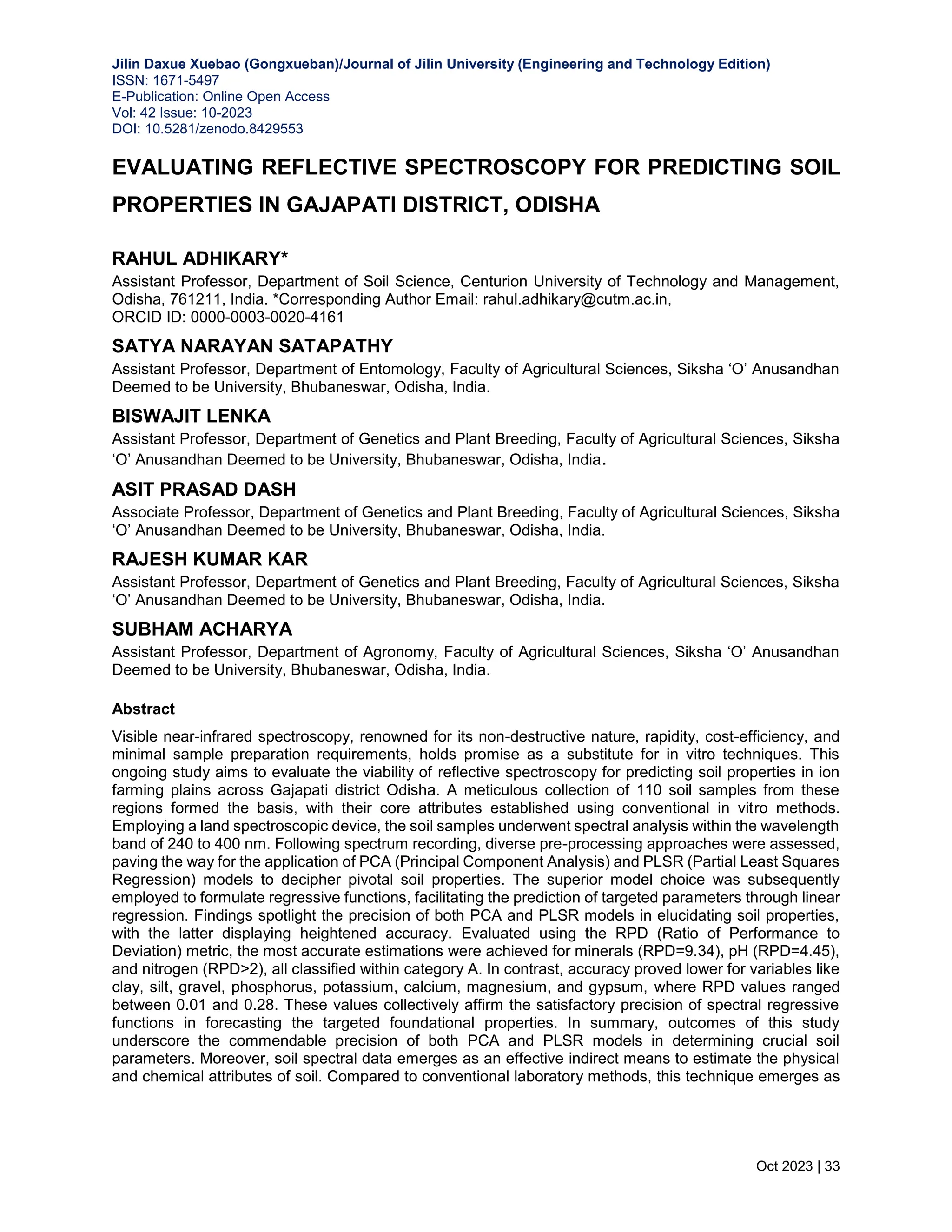 EVALUATING REFLECTIVE SPECTROSCOPY FOR PREDICTING SOIL PROPERTIES IN GAJAPATI DISTRICT, ODISHA | PDF