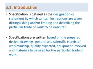 Specification Handout for 4th year civil engineering students | PPT