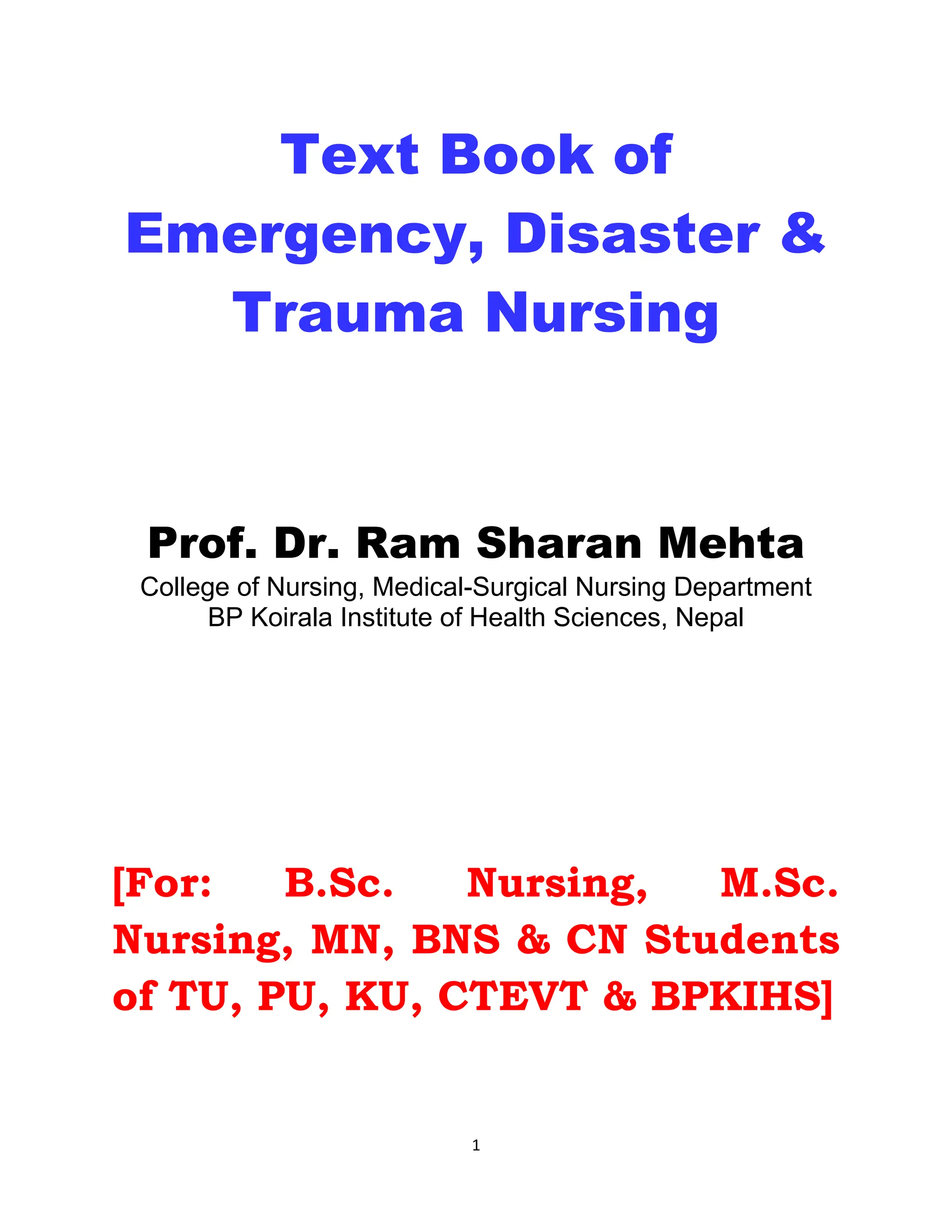 Text Book of Emergency Disaster and Trauma Nursing Book | PDF