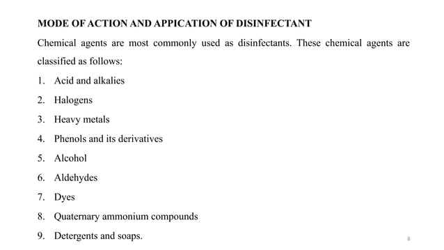 Classification and mode of action of disinfectants | PPTX