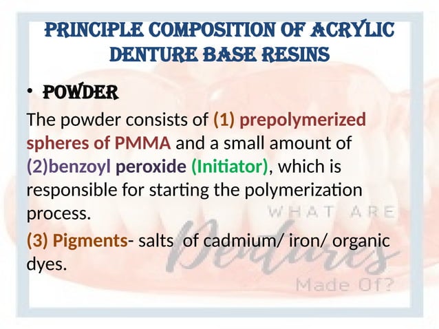 Denture base resins- Dental materials prosthodontics | PPTX