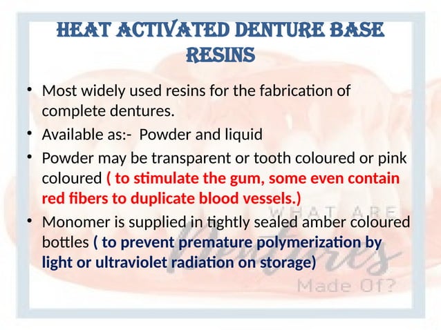 Denture base resins- Dental materials prosthodontics | PPTX