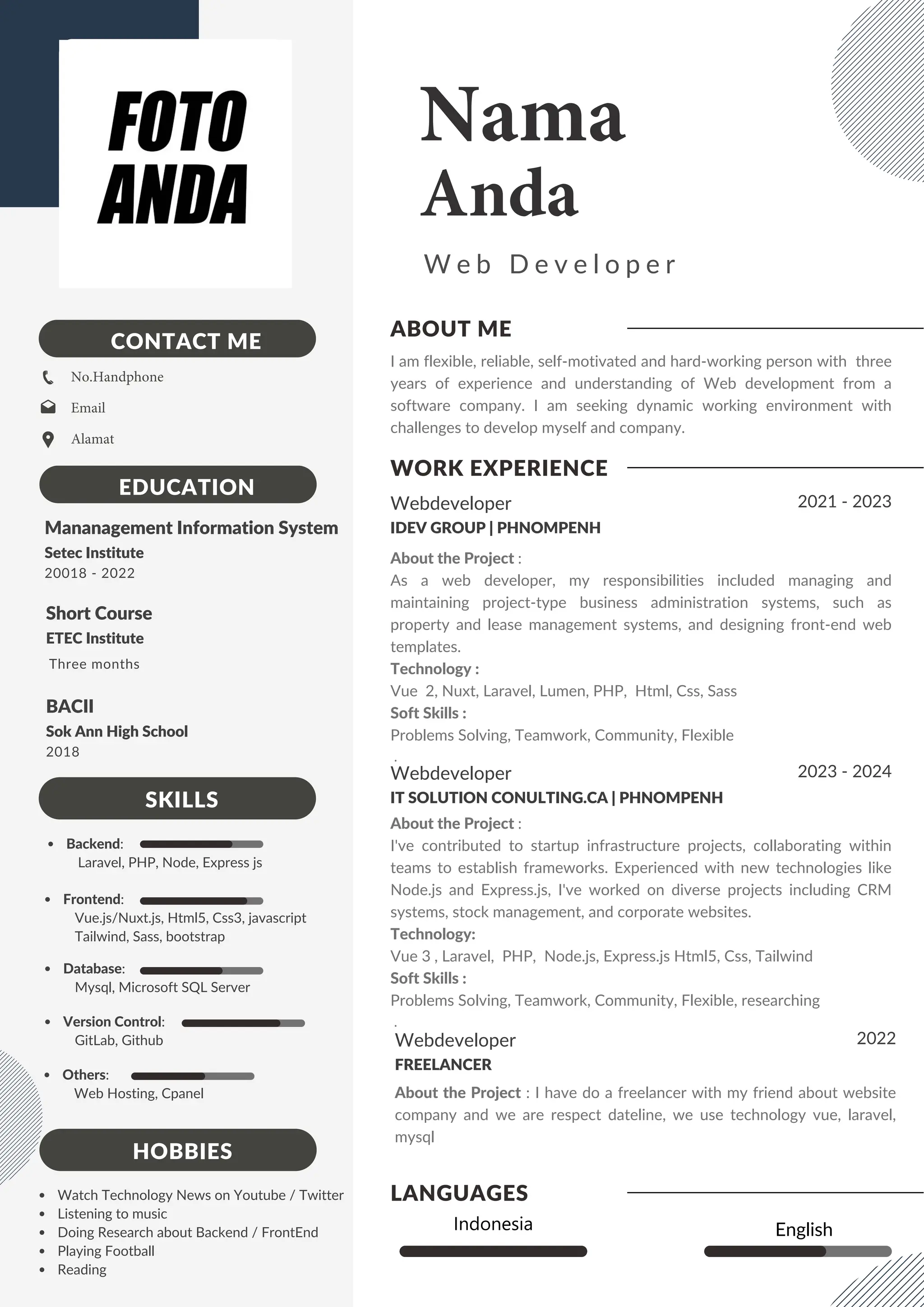 Contoh CV untuk Posisi Web Developer dalam Format ATS dan Menggunakan ...