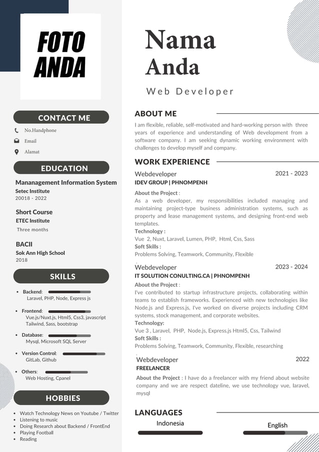 Contoh CV untuk Posisi Web Developer dalam Format ATS dan Menggunakan Bahasa Inggris | PDF