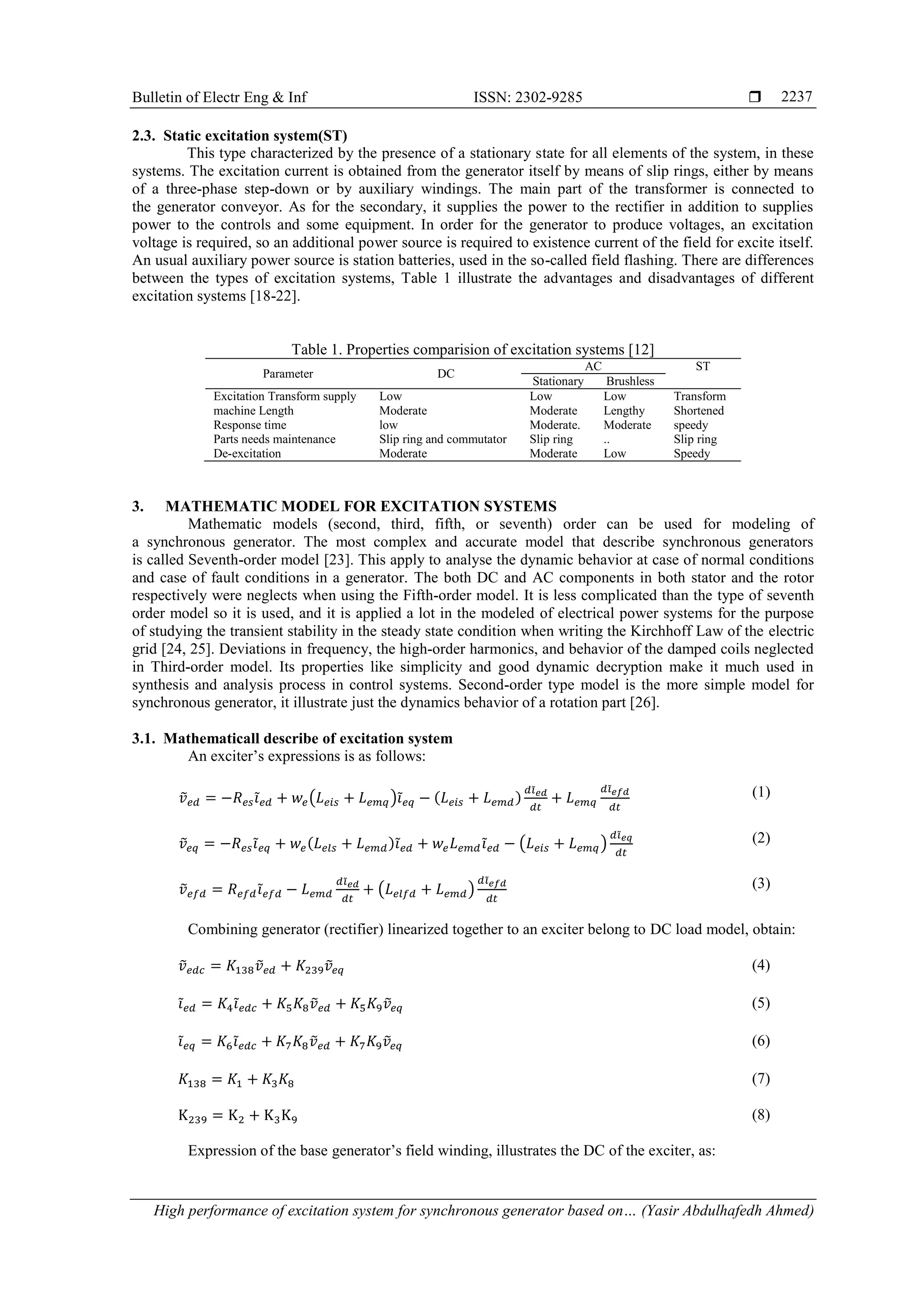 High performance of excitation system for synchronous generator based on modeling analysis | PDF