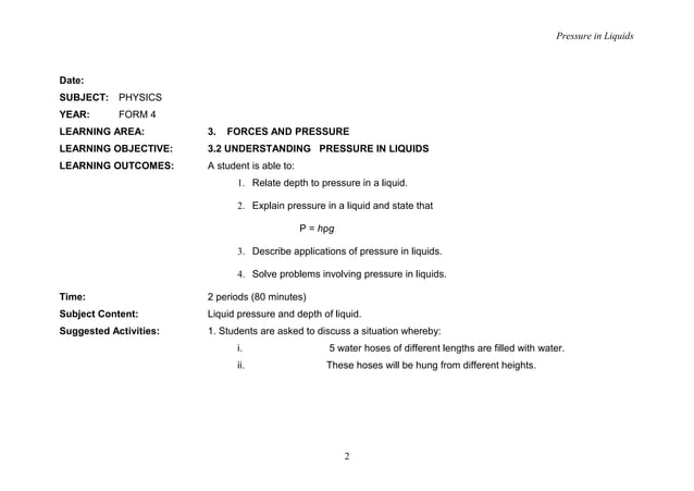 3.2 Pressure In Liquids Lesson Plan Psn | DOC