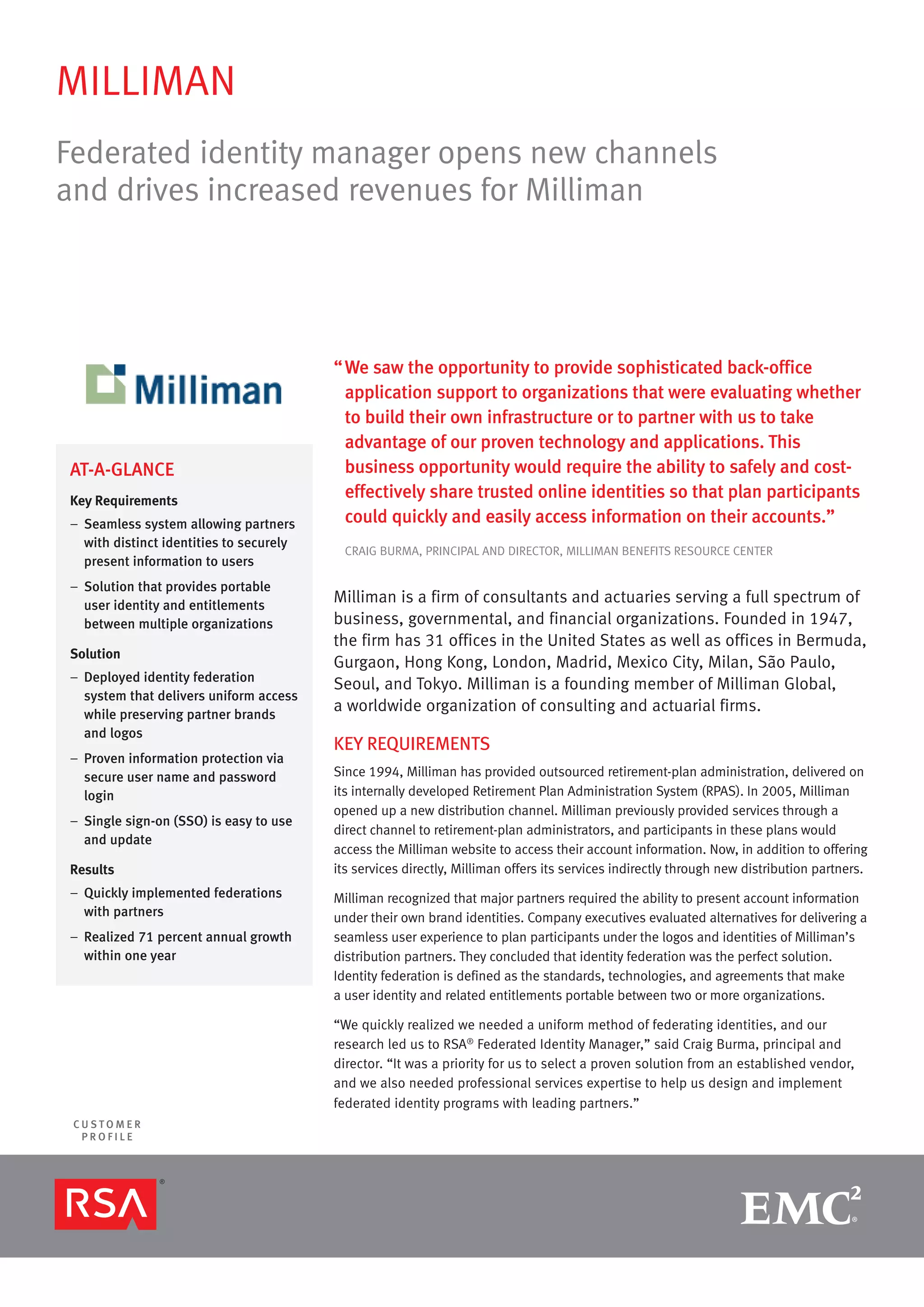 RSA’s Federated Identity Solution for Milliman Single SignOn | PDF