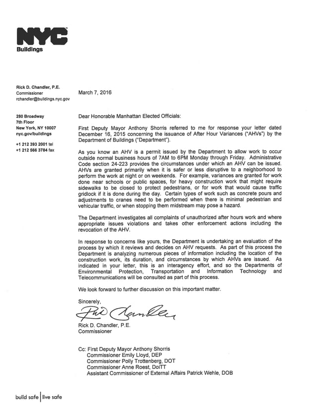 Letter from Department of Buildings regarding After Hours Variance ...