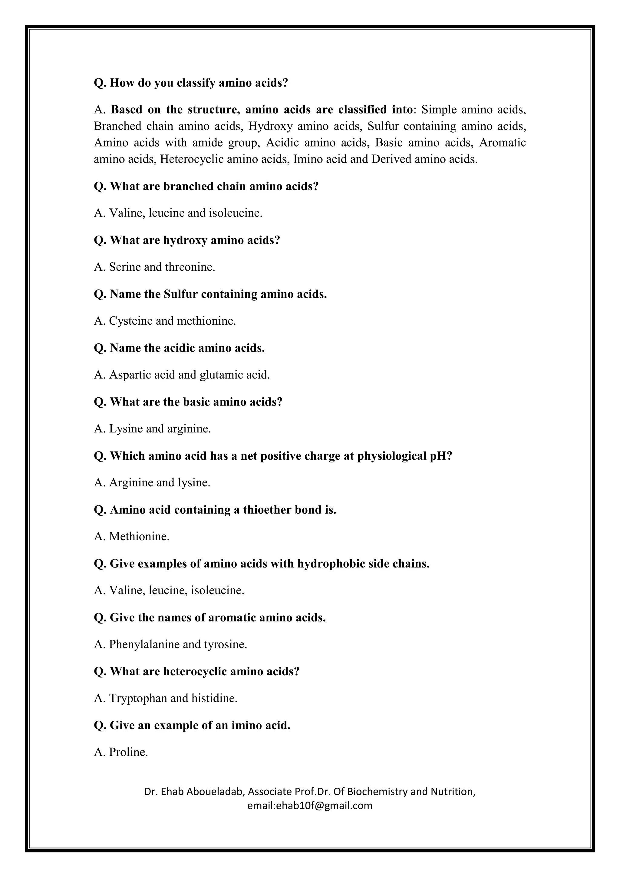 3 amino acids structure and properties q and a | PDF
