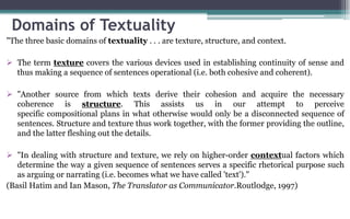 Cohesion, Coherence and Textuality | PPT