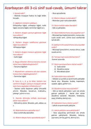 3-cü sinif Azərb.dili sual-cavab.pdf muellimlerin komeklerime destek | PDF
