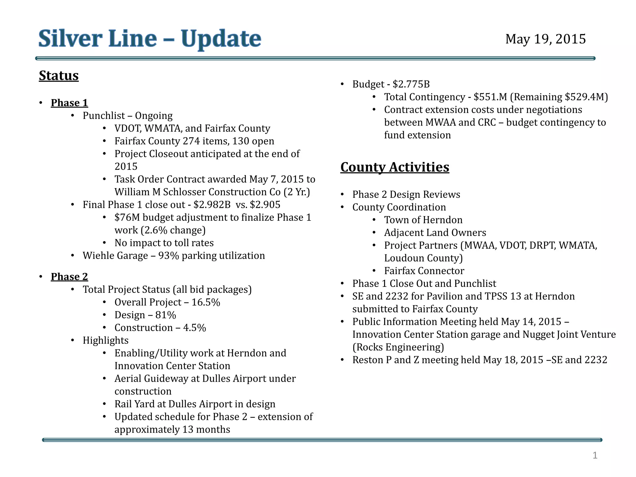 Dulles Metrorail Silver Line Phase 2 Status and Funding | PPTX