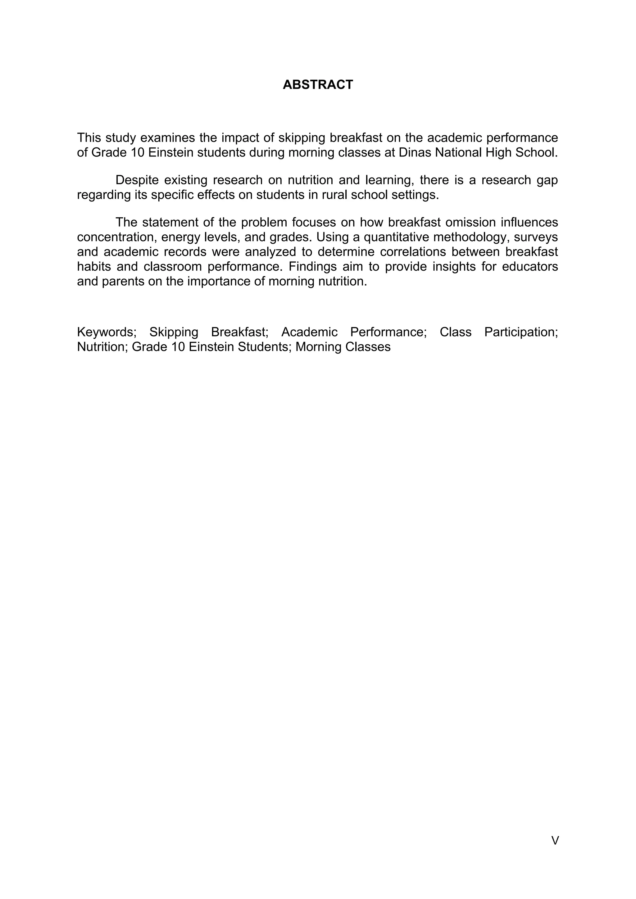 The Impact Of Skipping Breakfast To Grade 10 Einstein Students During ...