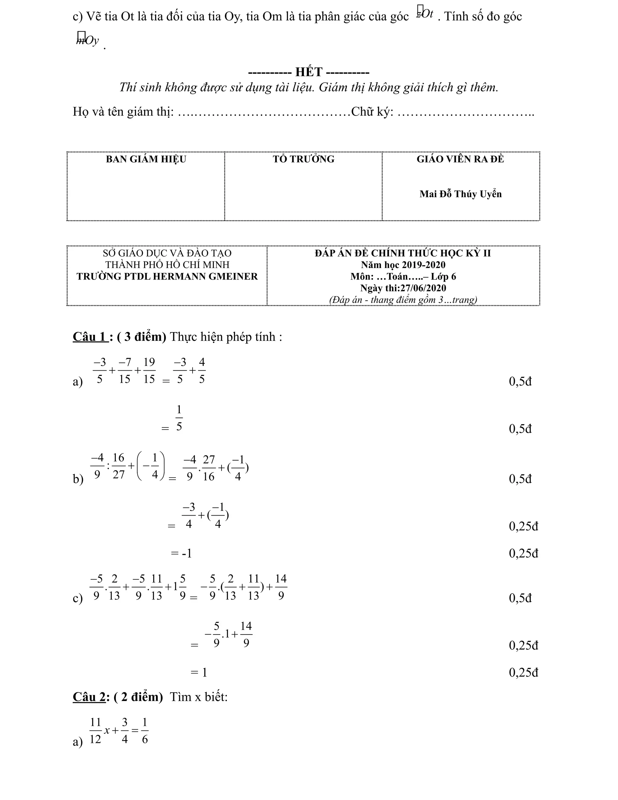 Đề Thi HK2 Toán 6 - THCS Hermann Gmeiner | PDF