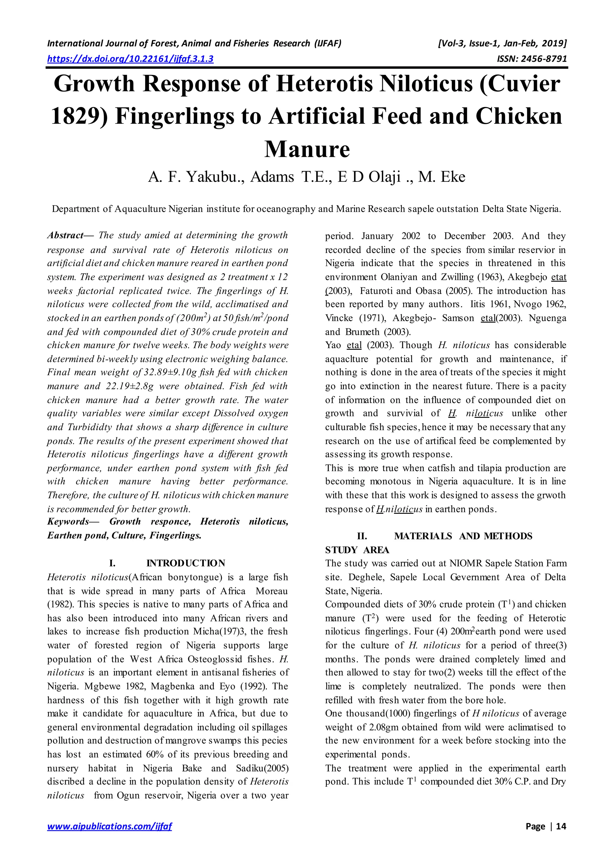 Growth Response of Heterotis Niloticus (Cuvier 1829) Fingerlings to Artificial Feed and Chicken ...