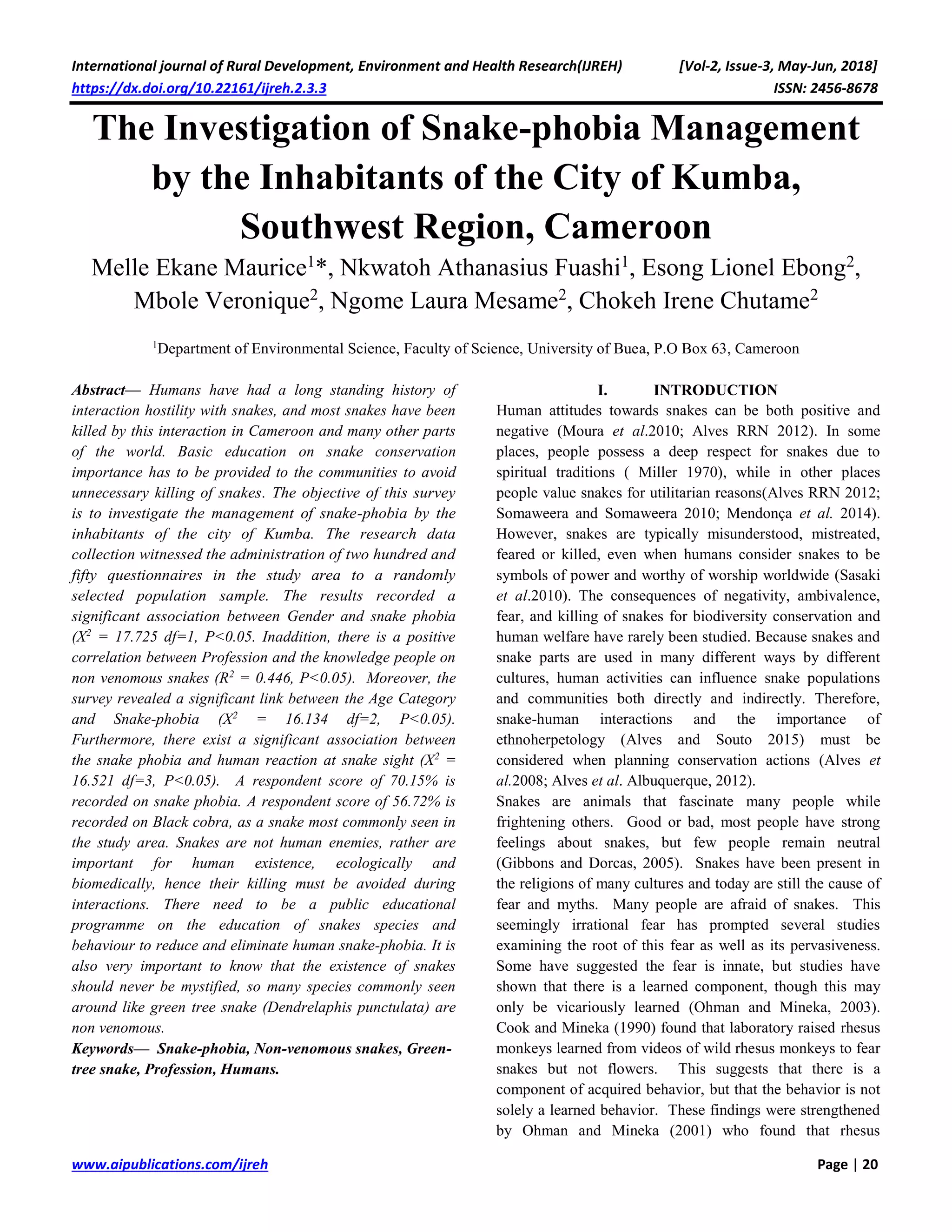 The Investigation of Snake-phobia Management by the Inhabitants of the ...