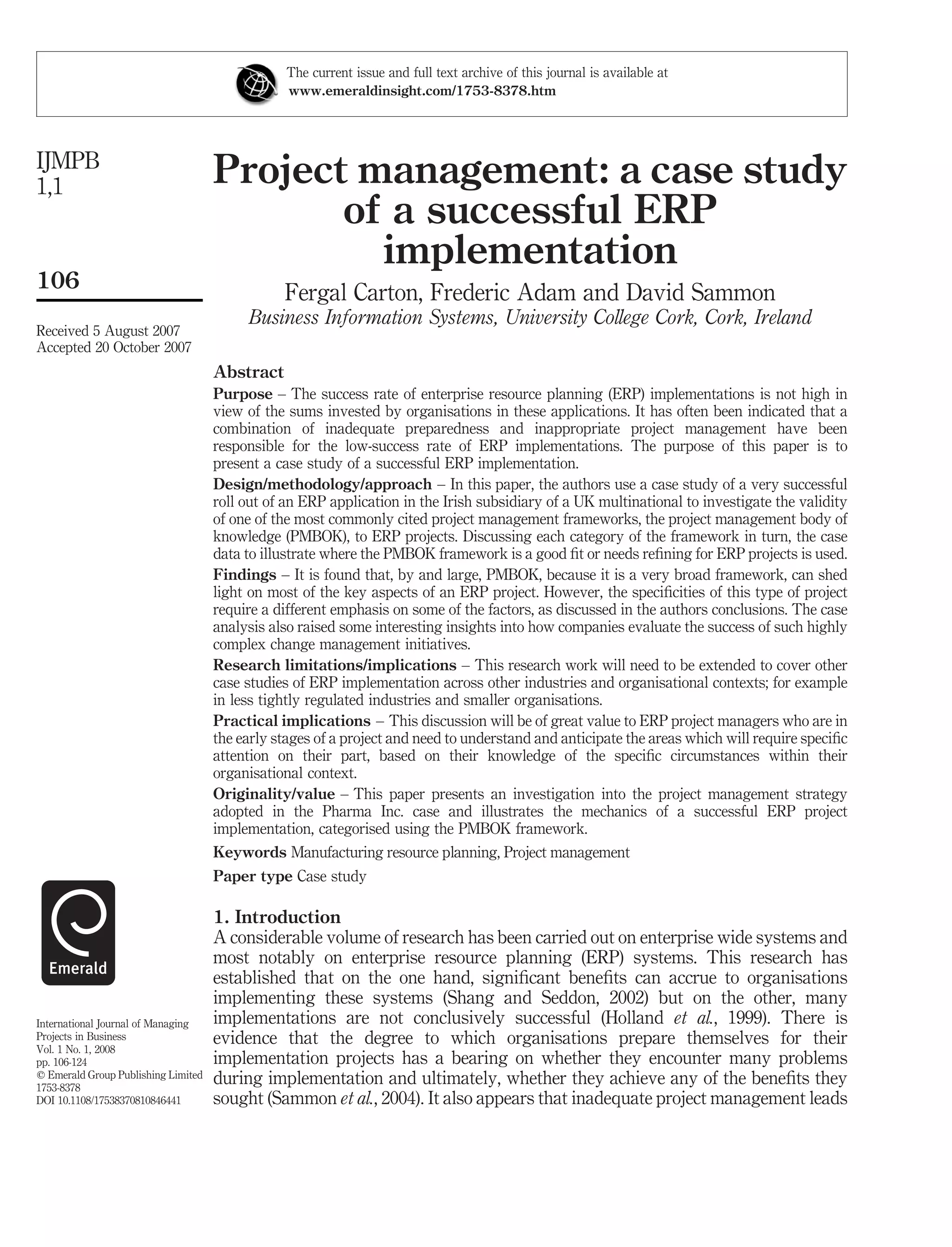 3. Project Management A Case Study Of A Successful Erp Implementation | PDF
