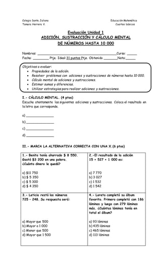 3 prueba unidad adicion, sustracción y calculo mental | DOCX