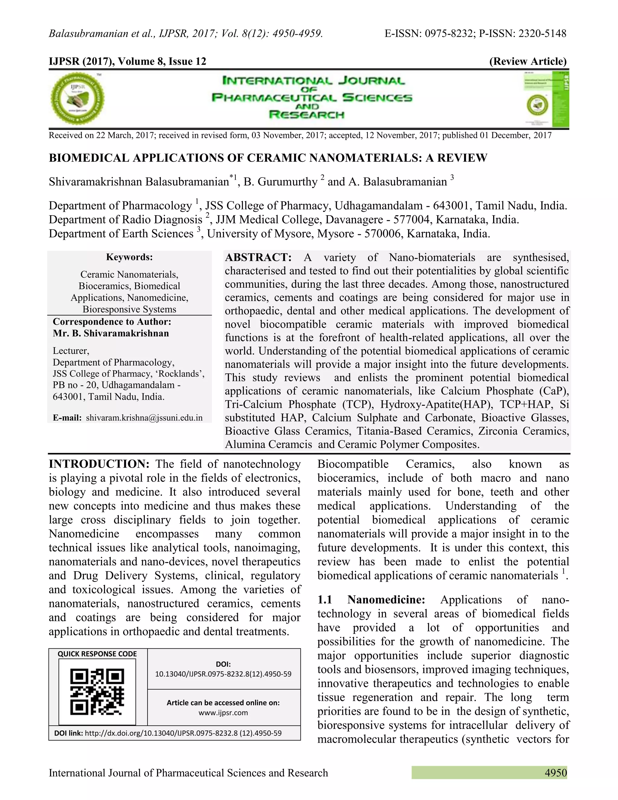 BIOMEDICAL APPLICATIONS OF CERAMIC NANOMATERIALS: A REVIEW | PDF