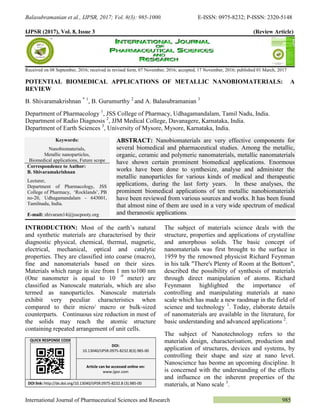 POTENTIAL BIOMEDICAL APPLICATIONS OF METALLIC NANOBIOMATERIALS: A ...