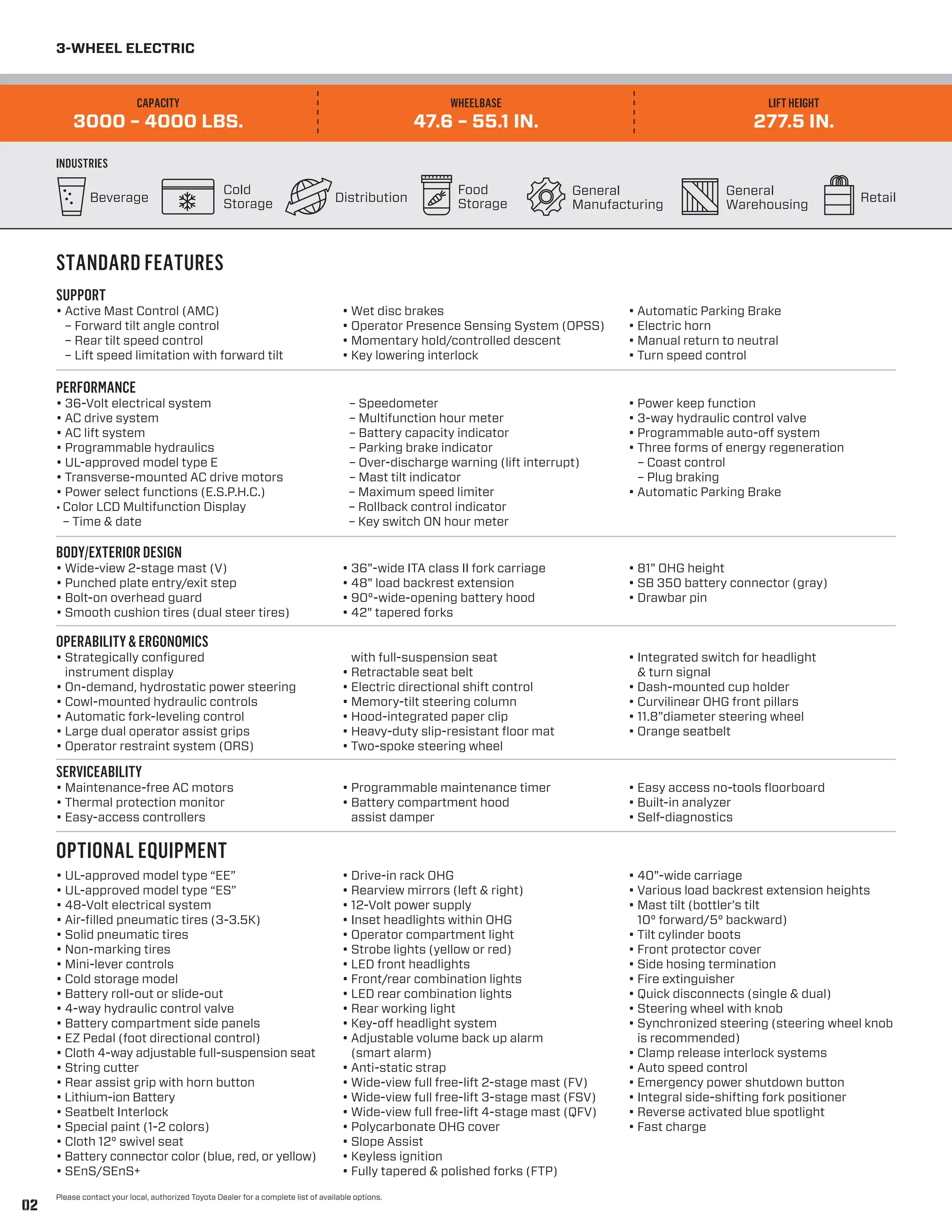 Toyota Three Wheel Electric Forklift Spec Sheet | PDF
