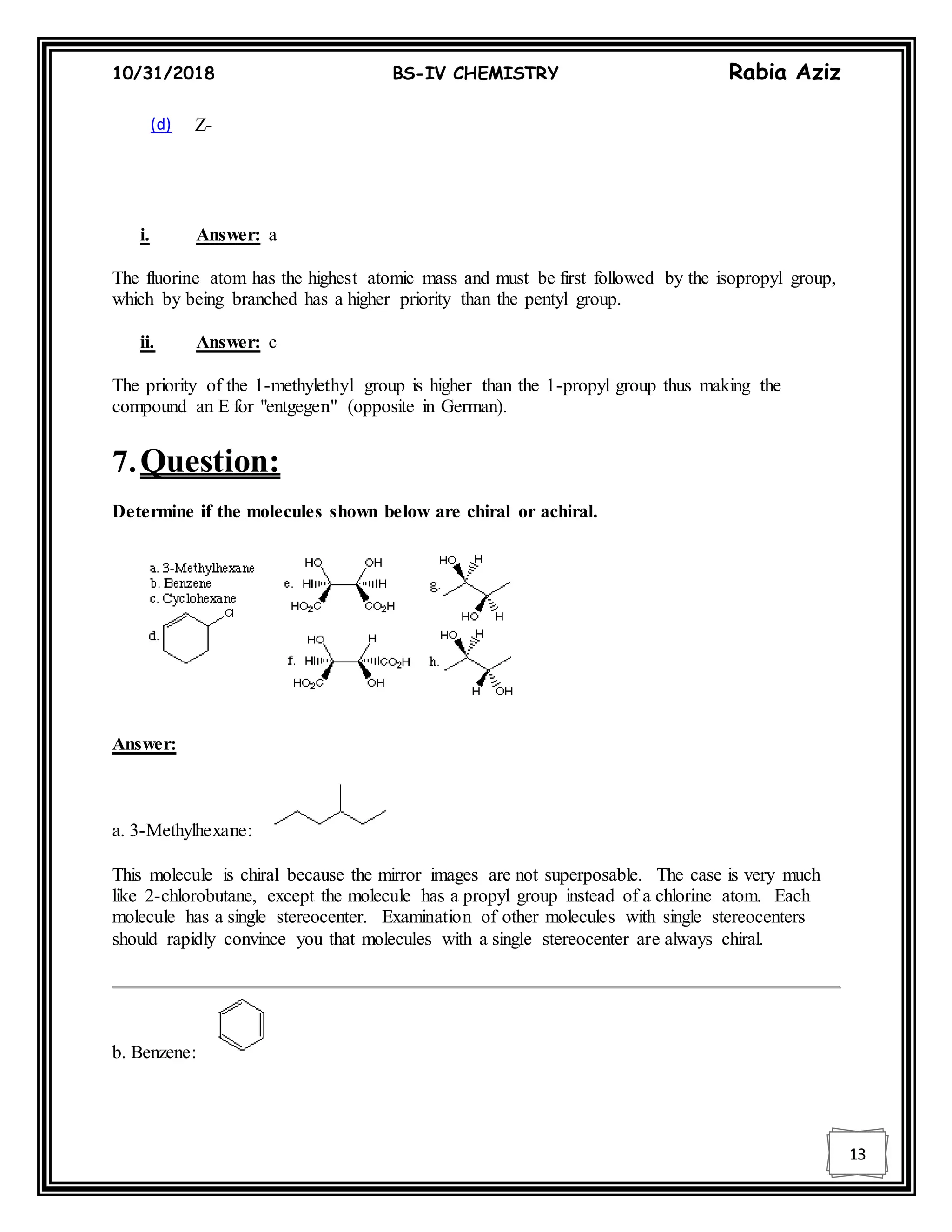 Stereochemistry Assignment | DOCX
