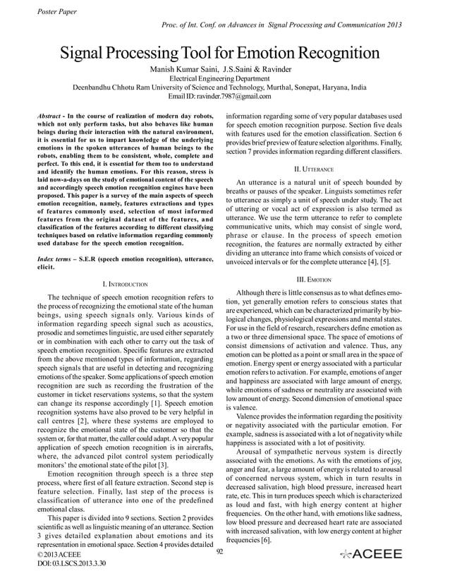 Signal Processing Tool for Emotion Recognition | PDF
