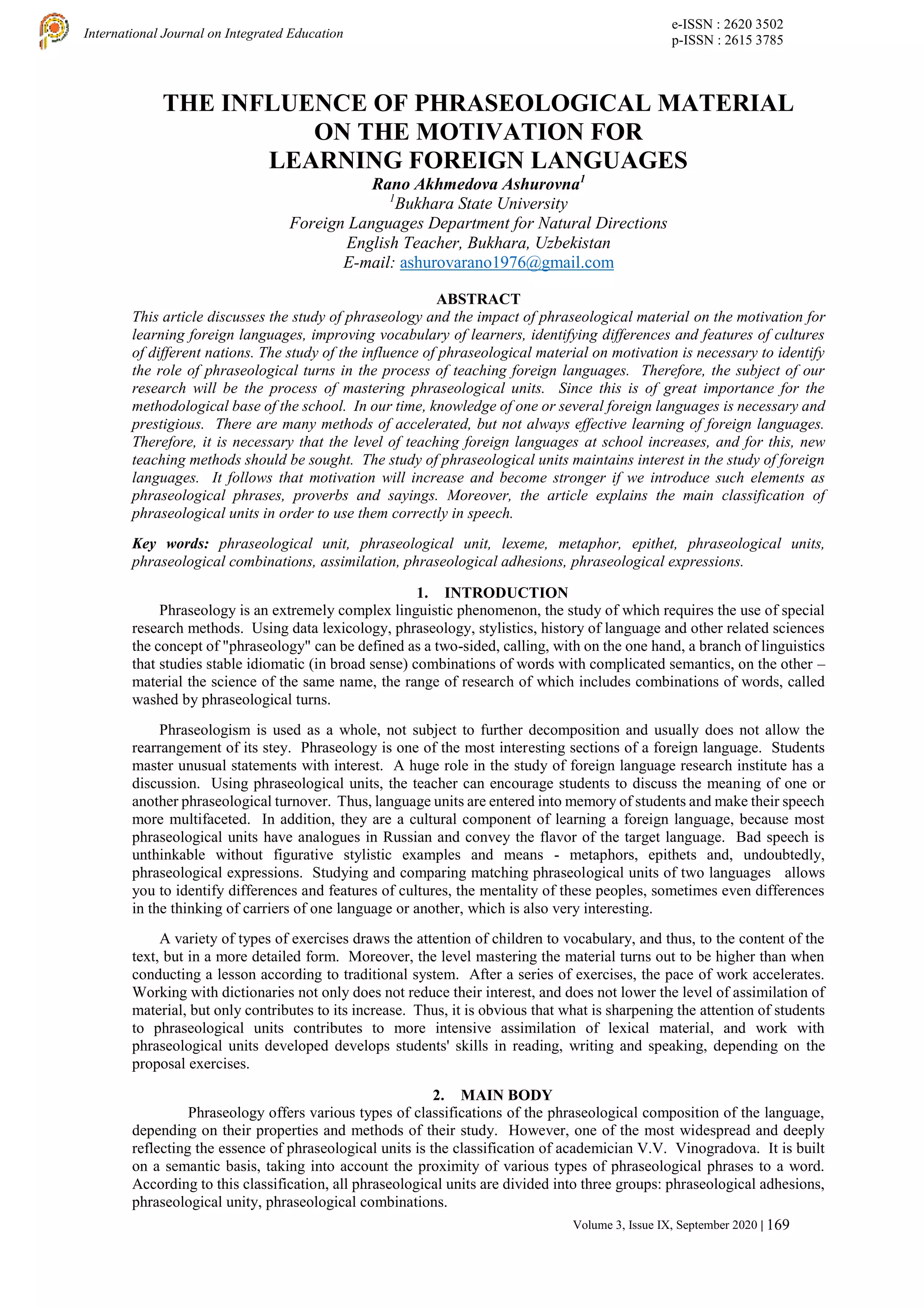 The influence of phraseological material on the motivation for learning foreign languages | PDF