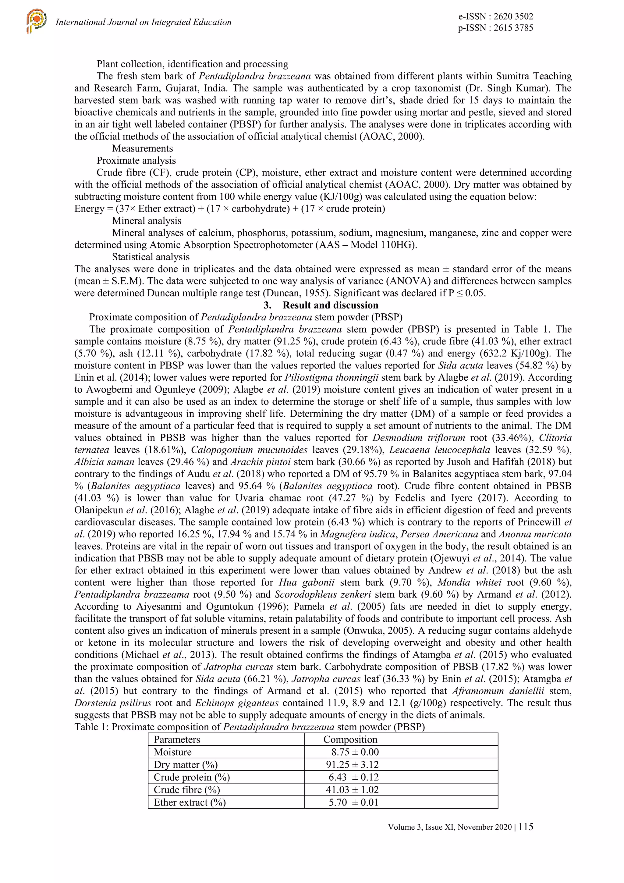 PROXIMATE AND MINERAL COMPOSITION OF Pentadiplandra brazzeana STEM BARK | PDF