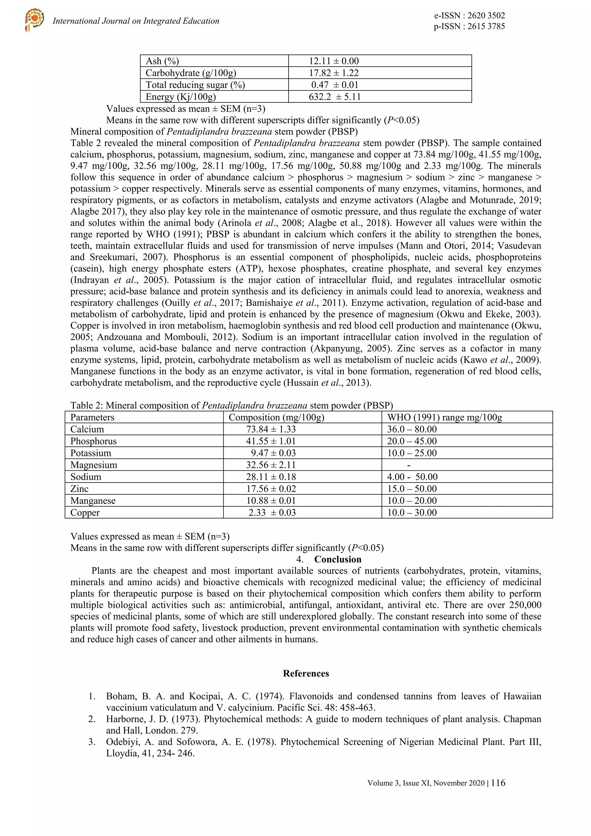 PROXIMATE AND MINERAL COMPOSITION OF Pentadiplandra brazzeana STEM BARK | PDF