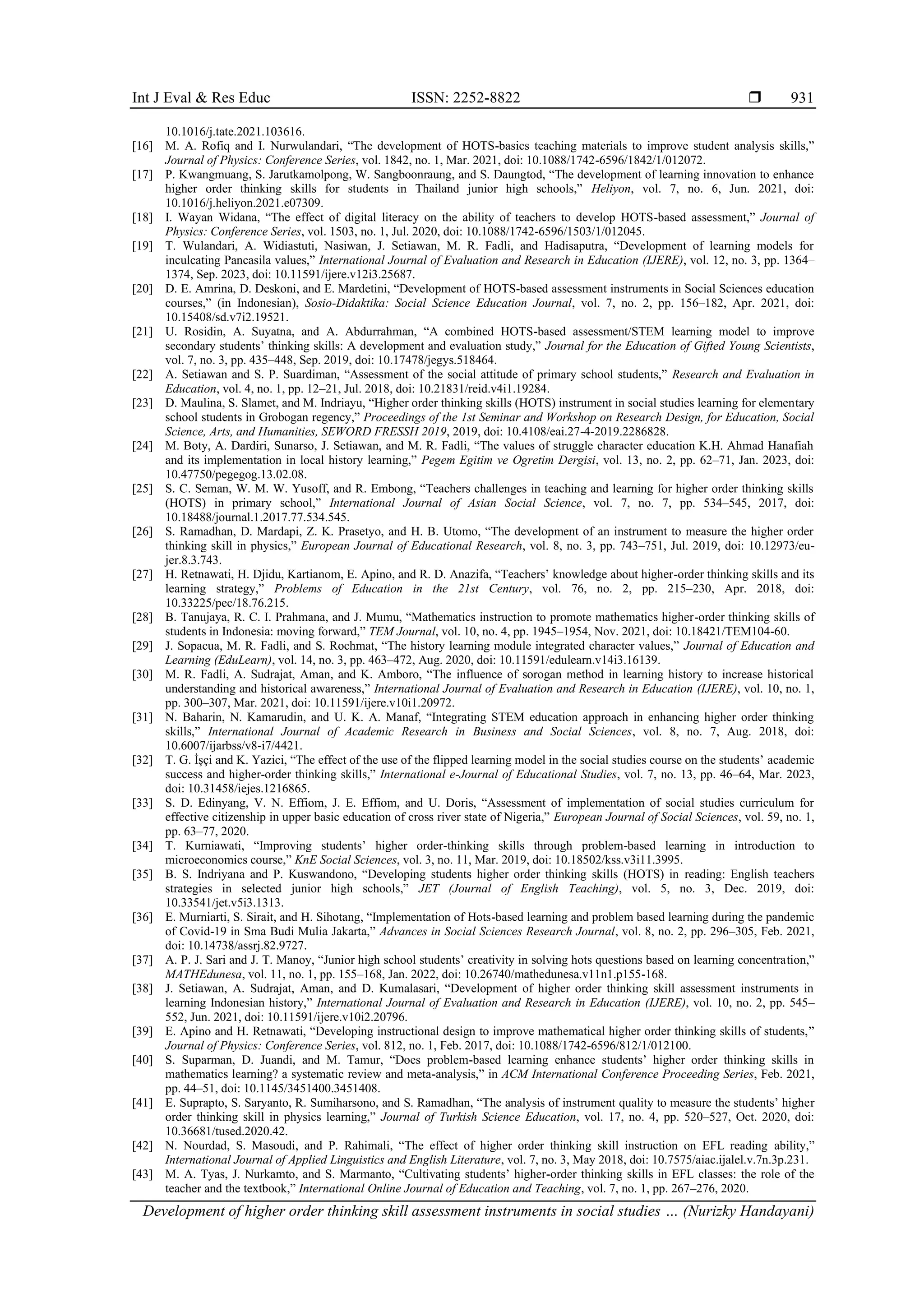 Development of higher order thinking skill assessment instruments in ...