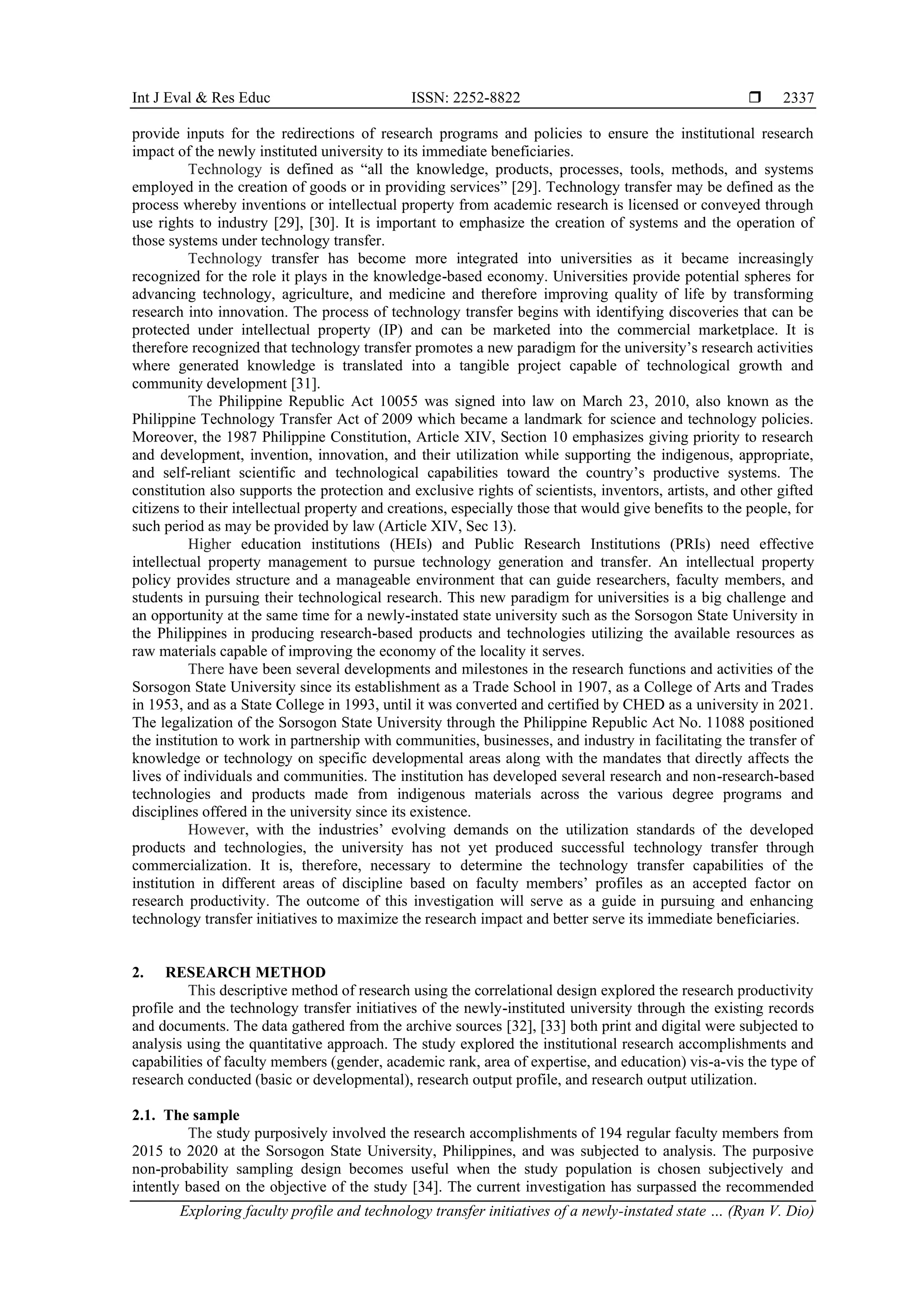 Exploring faculty profile and technology transfer initiatives of a newly-instated state ...