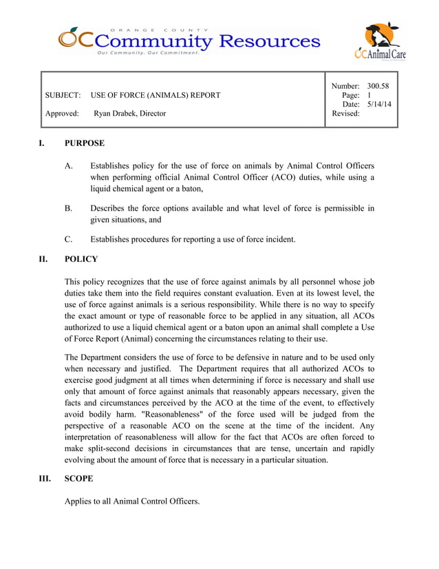 300.58 use of force (animals) report | PDF | First Aid | Injuries