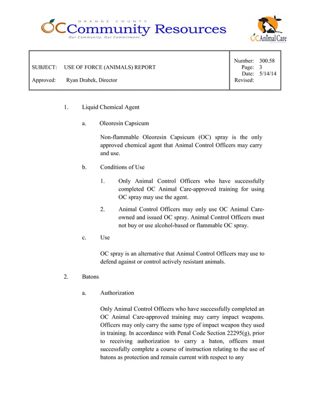 300.58 use of force (animals) report | PDF | First Aid | Injuries