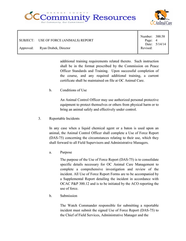 300.58 use of force (animals) report | PDF | First Aid | Injuries