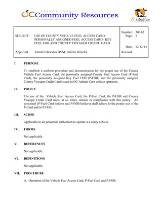 300.62 use of county vehicle fuel access card personally assigned fuel ...