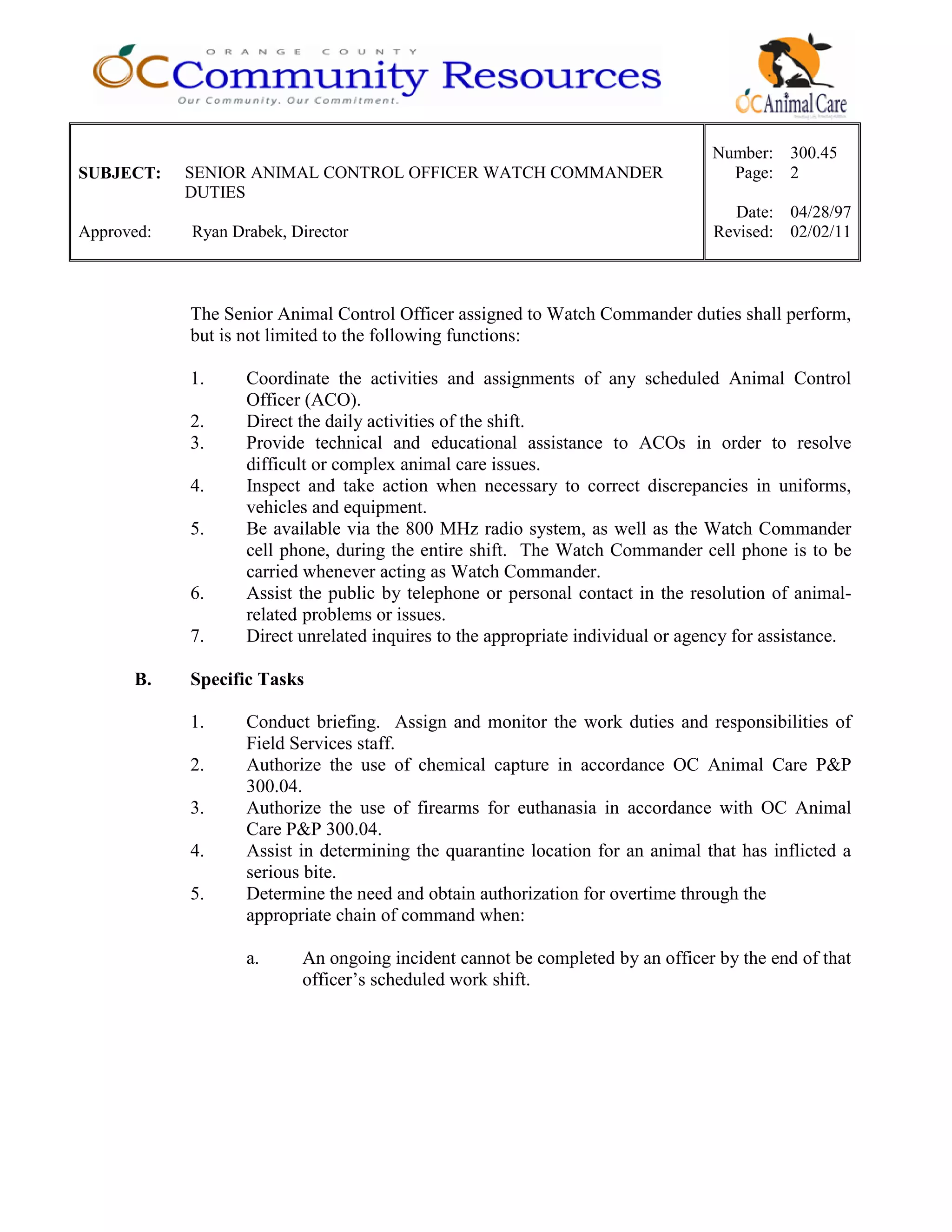 300.45 senior animal control officer watch commander duties | PDF