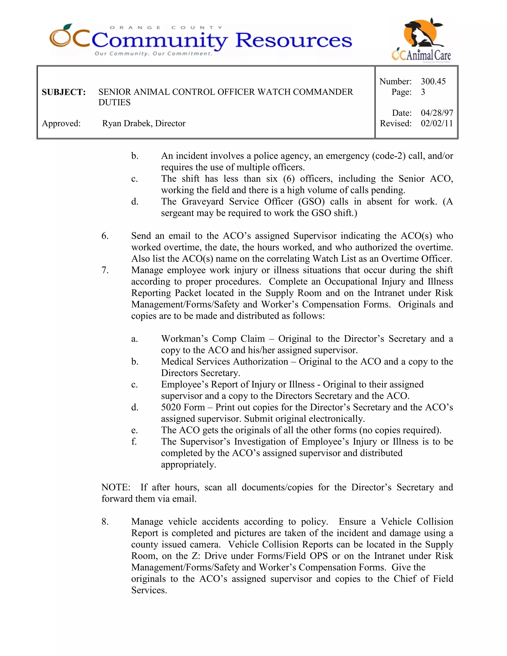 300.45 senior animal control officer watch commander duties | PDF