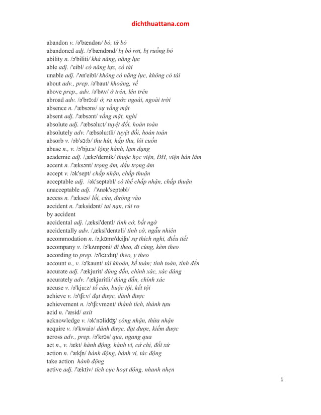 3000 từ vựng tiếng Anh có phiên âm tiếng việt - dichthuattana.com
